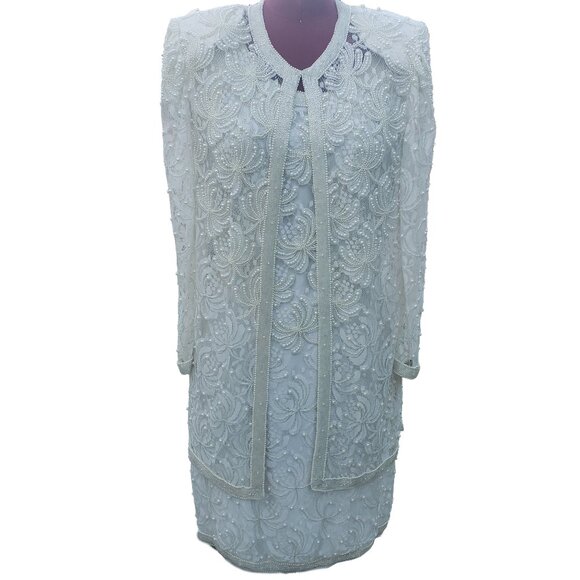 Scala | Dresses | Vintage Scala Beaded Dress Jacket Ivory Lace Sheath ...